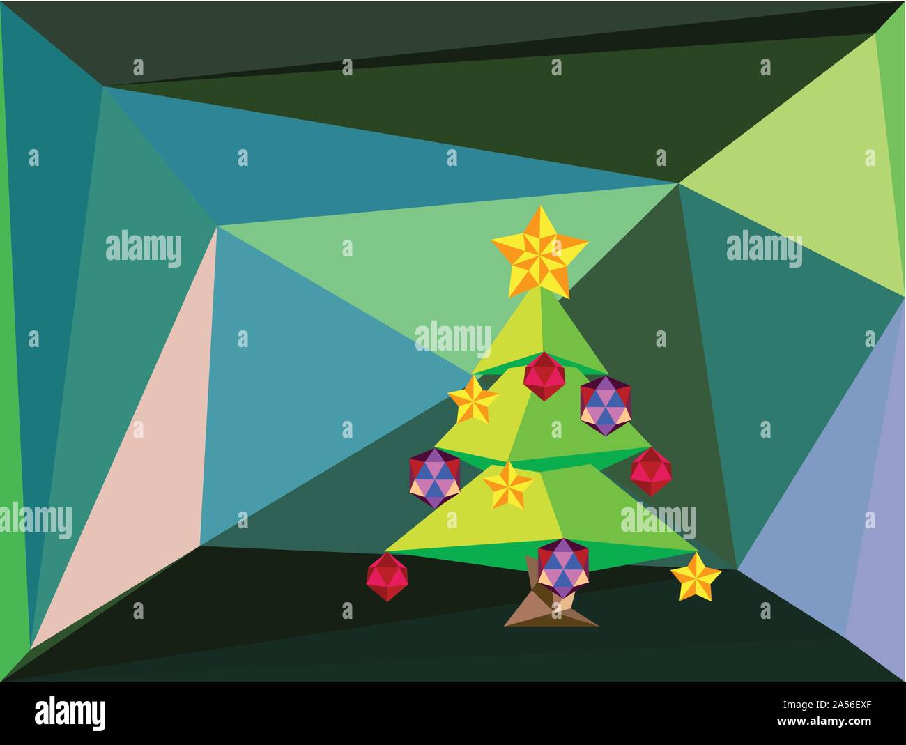 Decorated low poly green Christmas tree, holiday illustration in ...