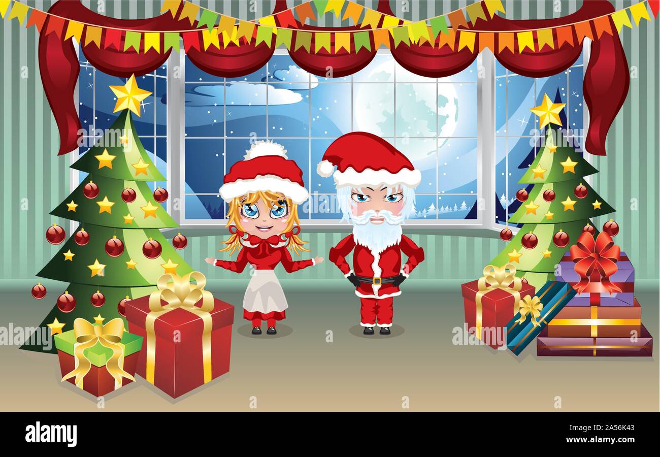Cartoon Santa and Mrs Claus in the living room decorated for Christmas ...