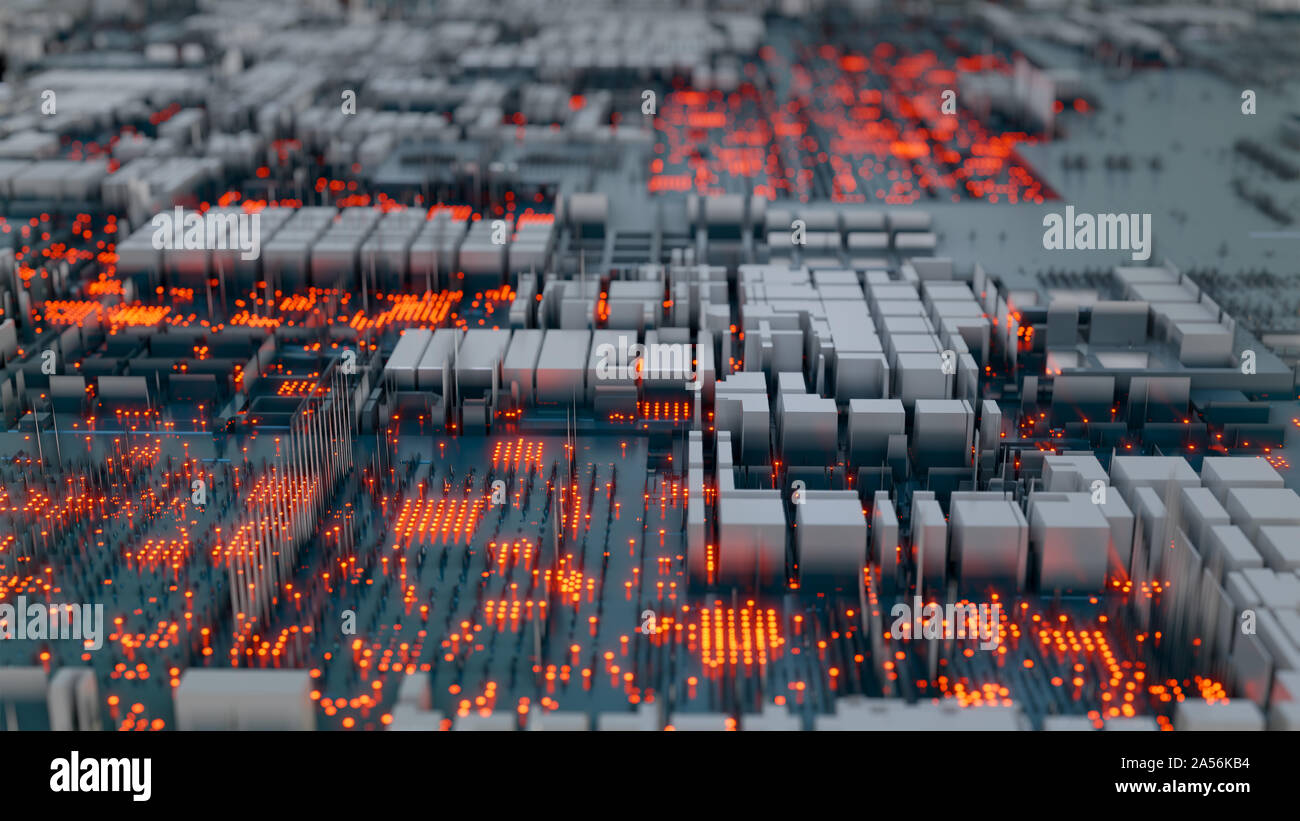 Abstract futuristic design. Tech wall with red bright elements. DOF ...