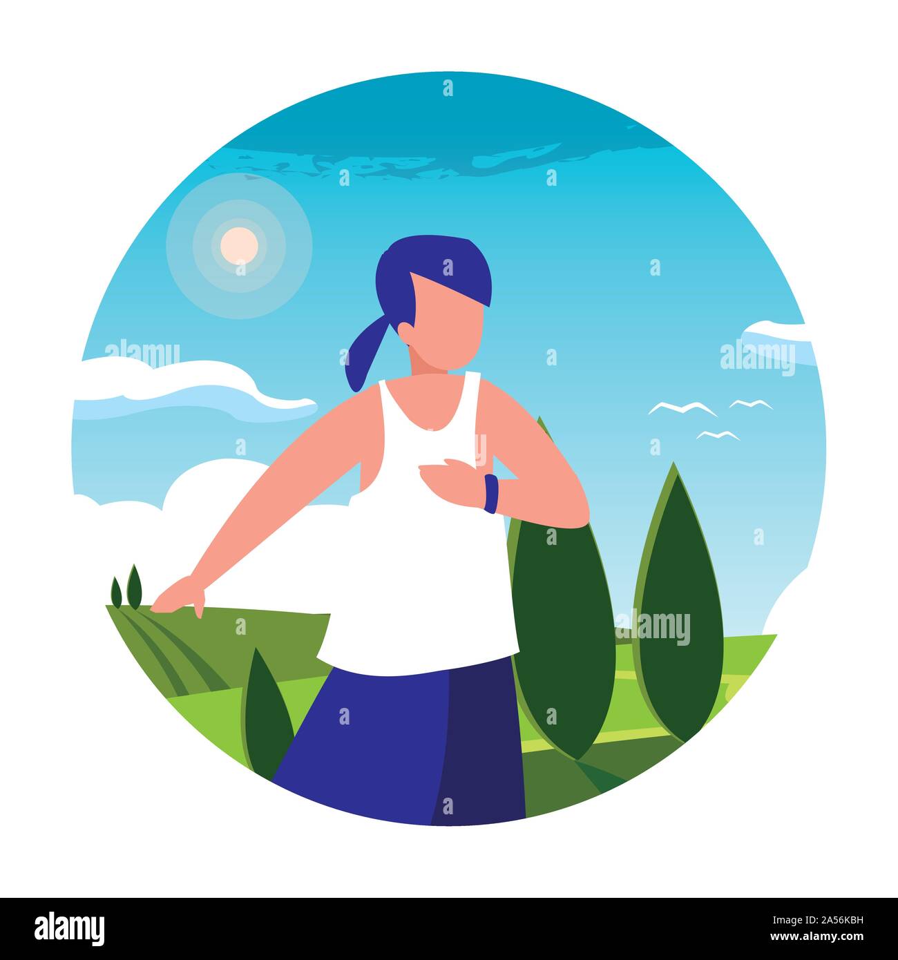 woman outdoors exercising with background landscape vector illustration ...