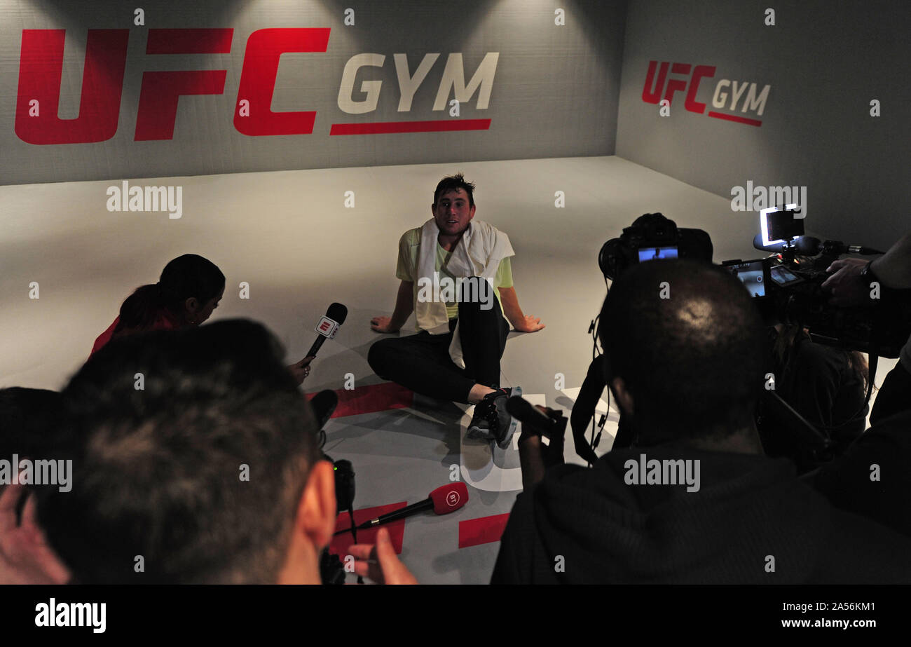 Darren Till speaks to the press during a media session at UFC Gym ...