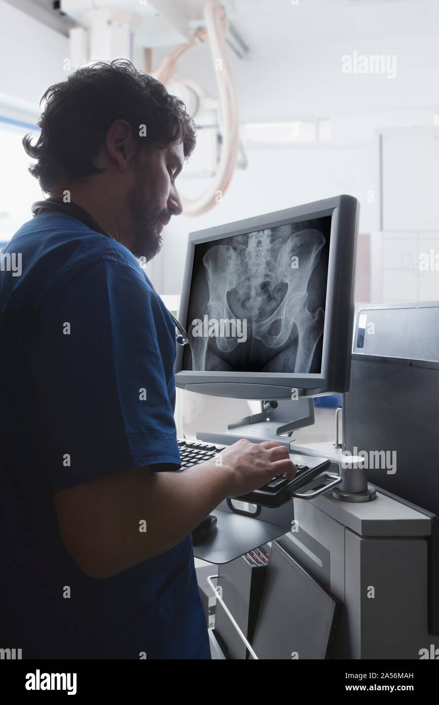 Young male radiographer using computer keyboard to view pelvis X-ray in ...
