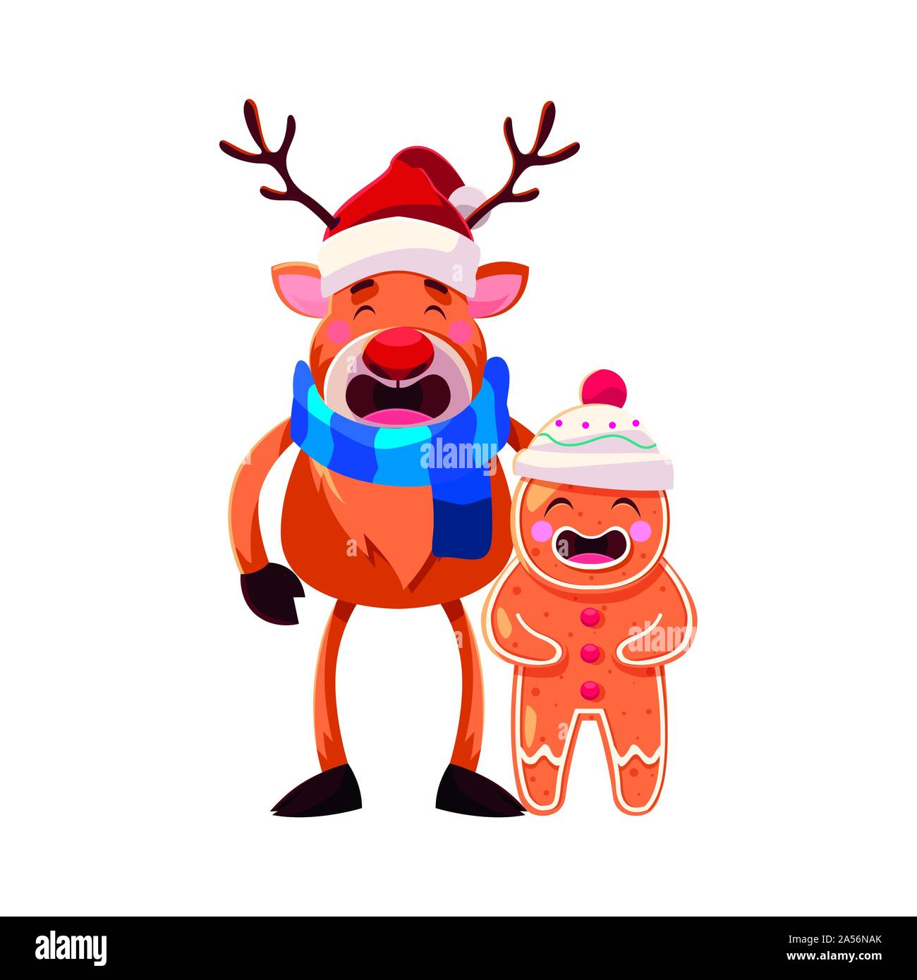 reindeer and gingerbread man with hat on white background vector ...