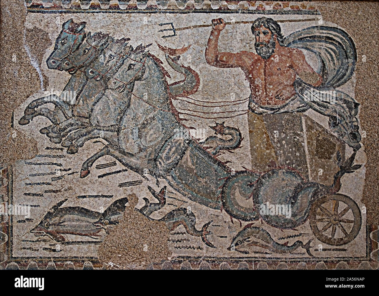 Mosaic of Neptune on a chariot with his team of horses at the museum of ...