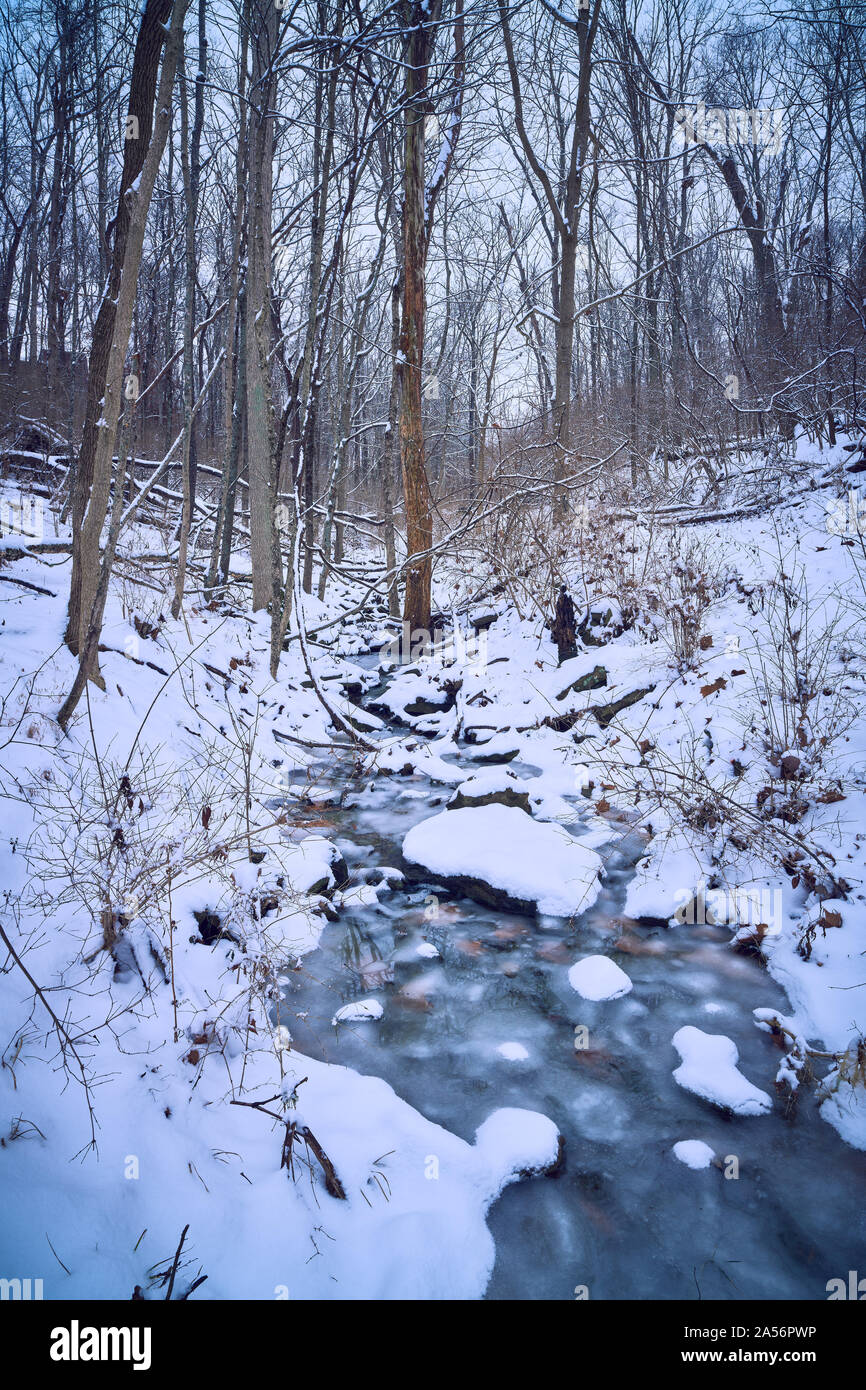 Snowy Winter Scene with Frozen Stream Stock Photo - Alamy