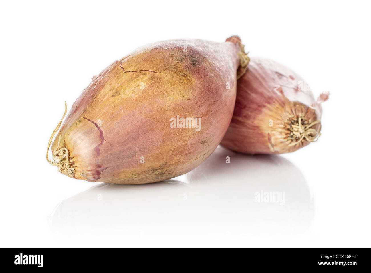 Group of two whole fresh brown shallot isolated on white background ...