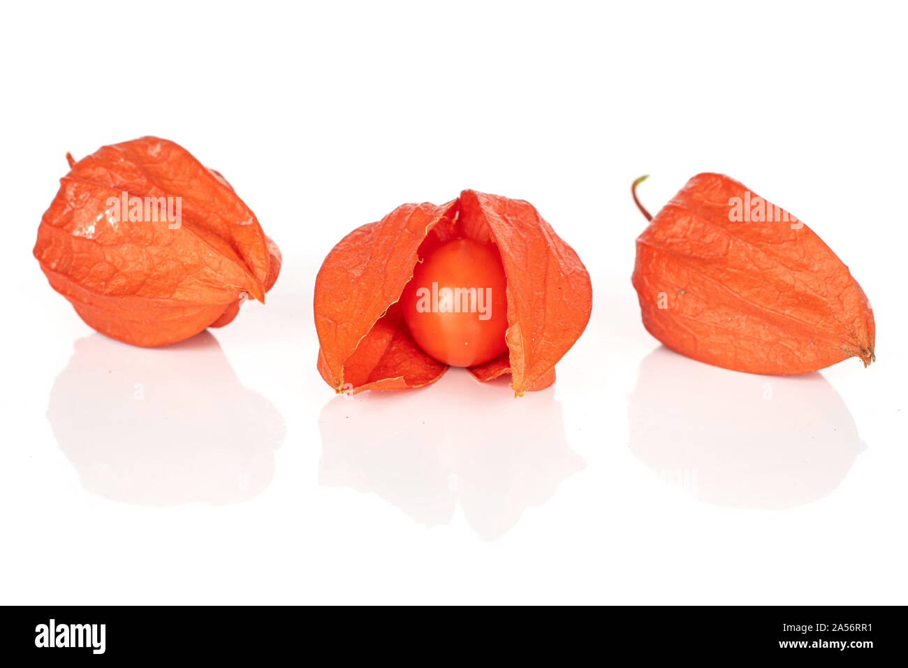 Group of three whole fresh orange physalis isolated on white background ...