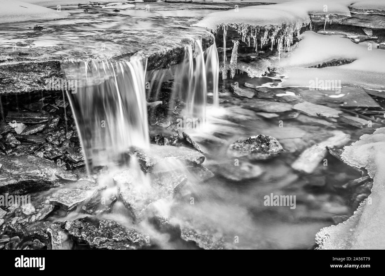 Small Winter Waterfall B&W Stock Photo - Alamy