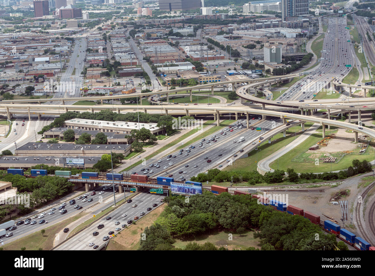 View of the maze of freeways and railway lines that intersect in ...
