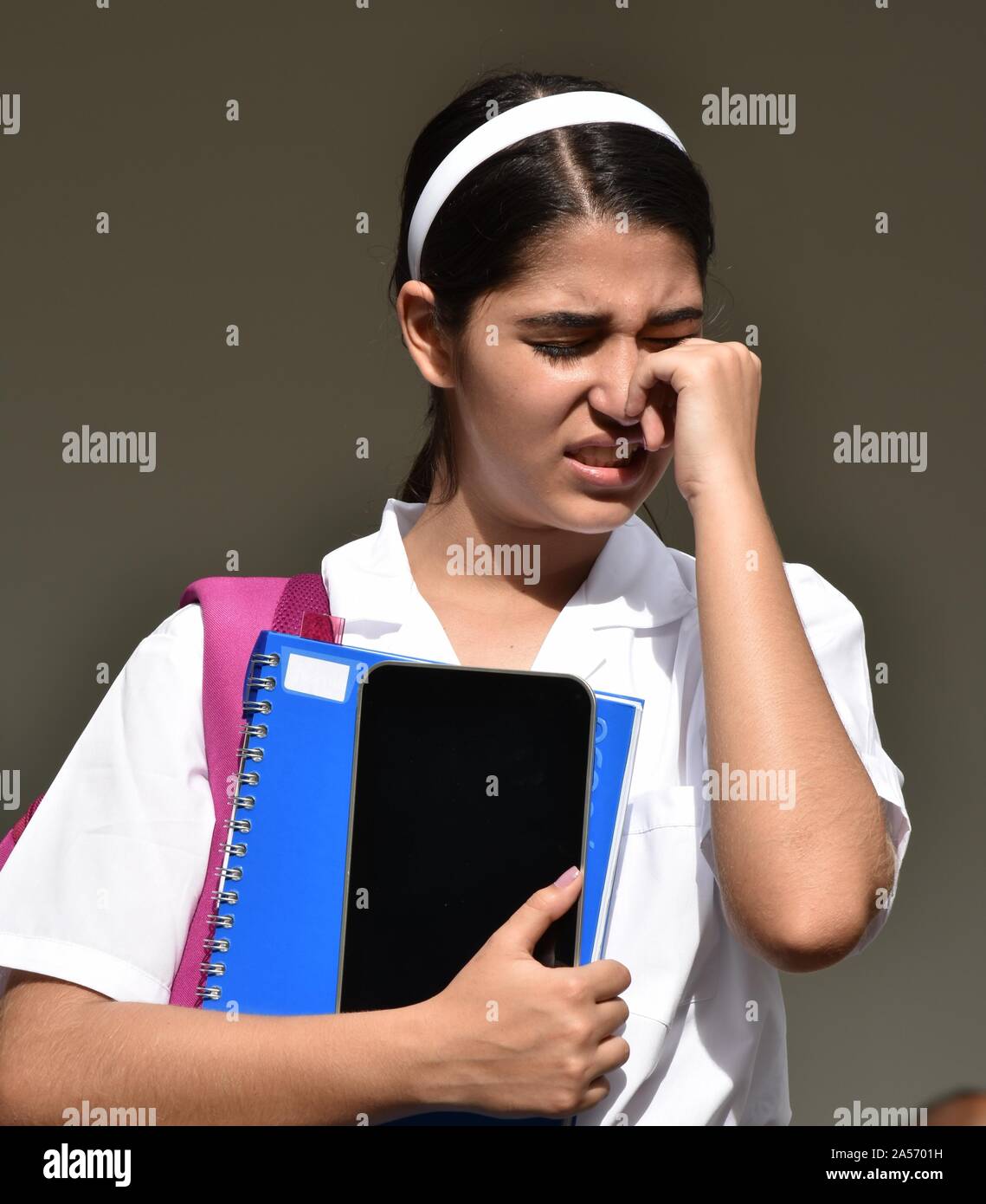 Stressed School Girl With Notebook Stock Photo - Alamy