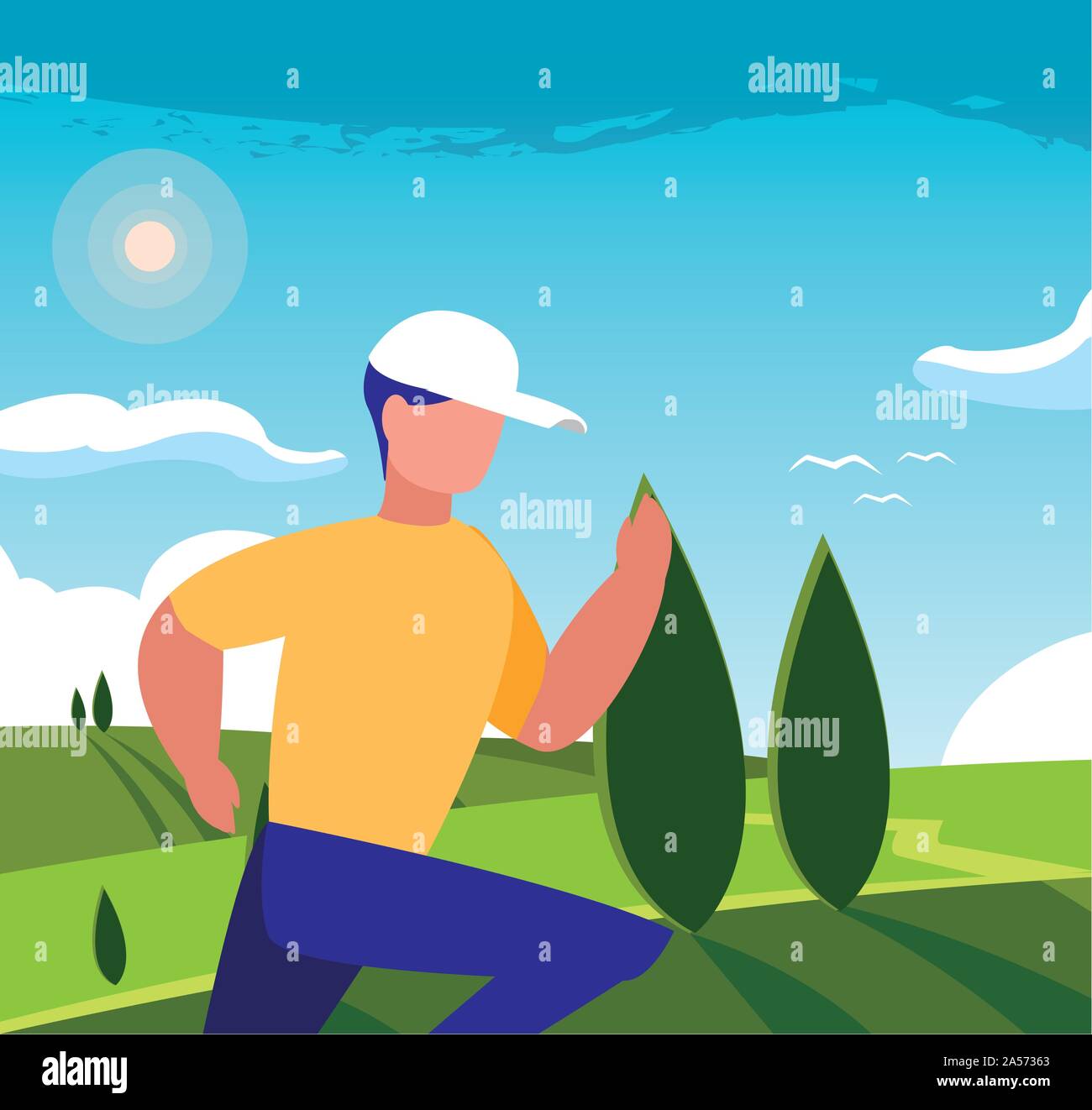 man outdoors exercising with background landscape vector illustration ...