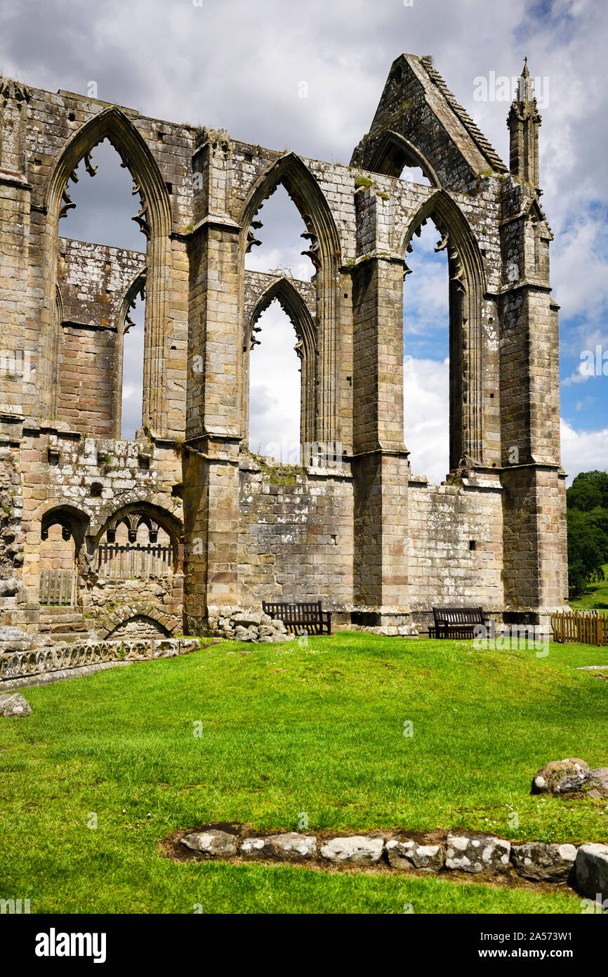 Empty stone window ruins of Bolton Priory church a 12th century ...