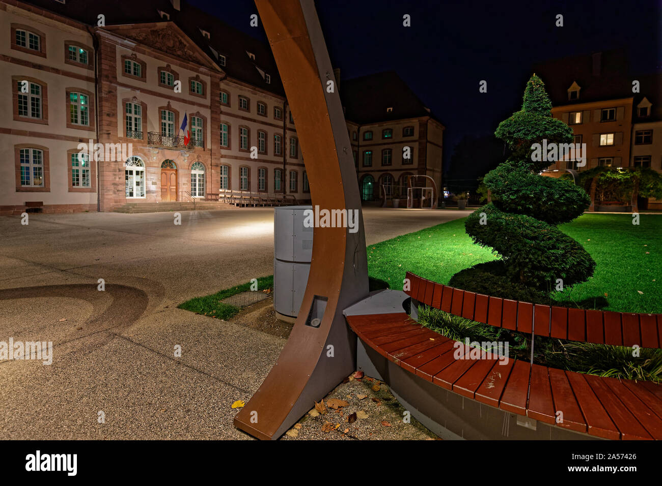 COLMAR, FRANCE, October 11, 2019 : City hall and gardens at night ...