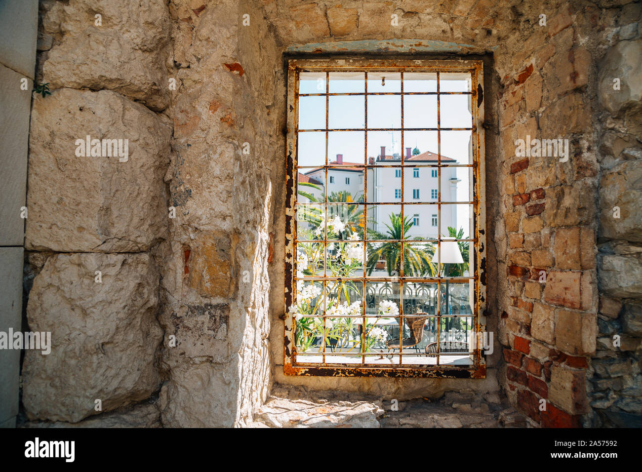 Riva street view through fortress window in Split, Croatia Stock Photo ...