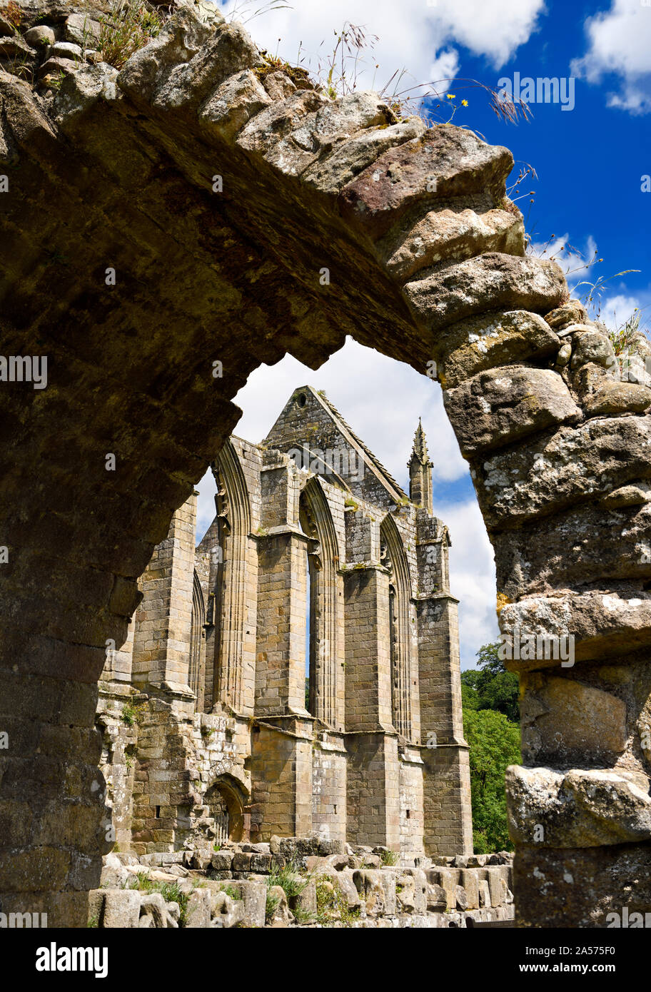 Stone window ruins of Bolton Priory viewed through an arch of ancient ...