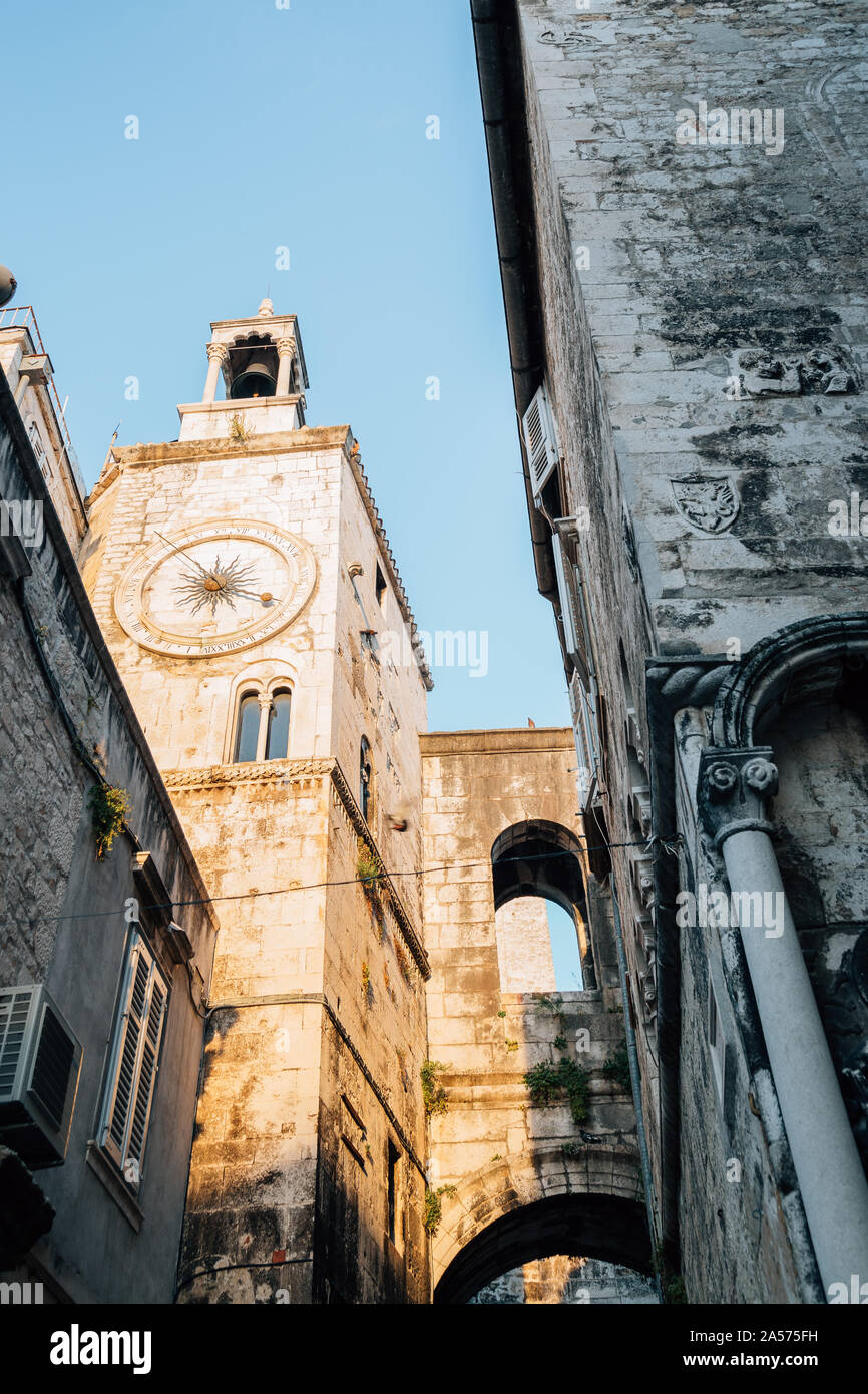 The bell tower under the clock at old town in Split, Croatia Stock ...