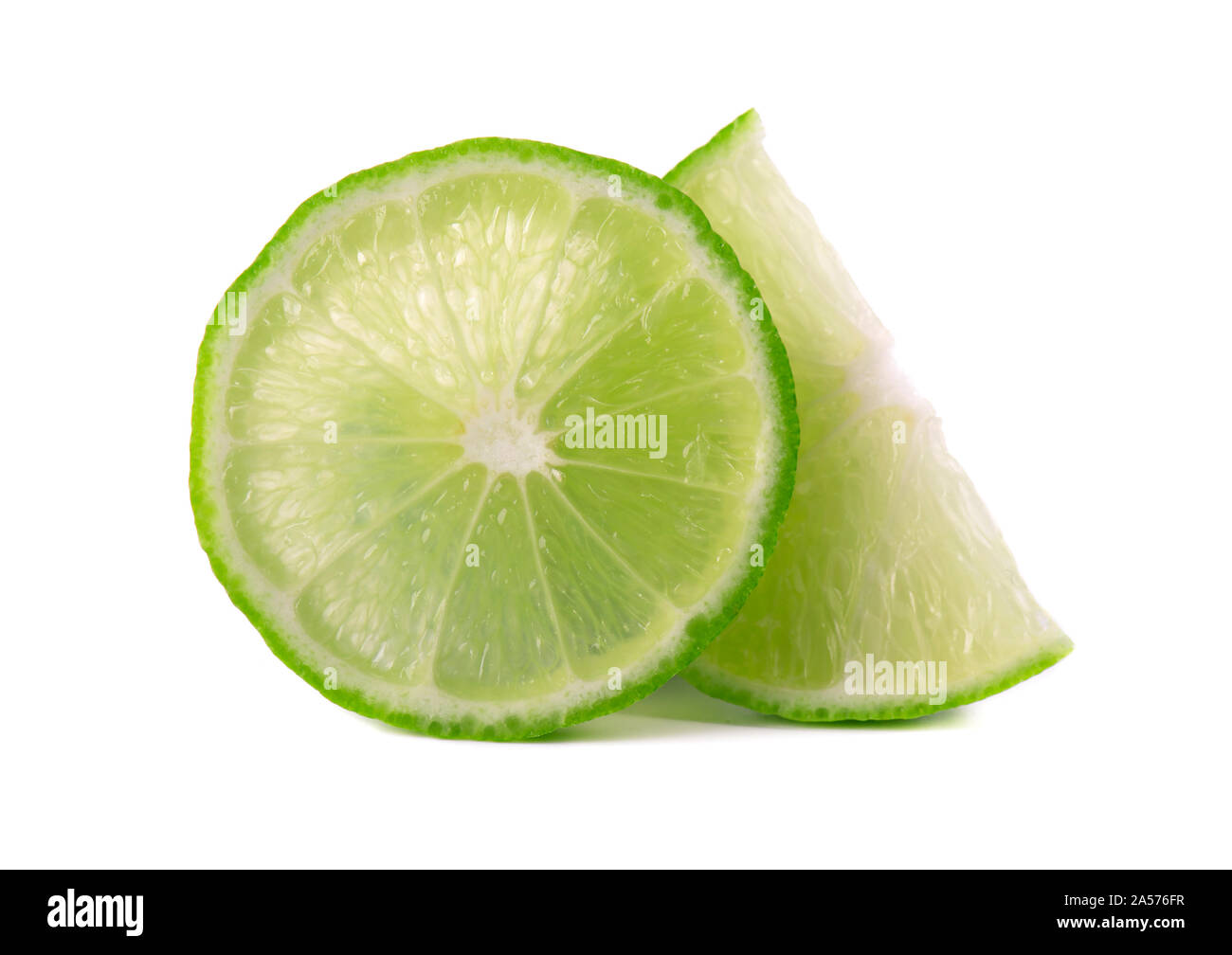 Ripe slice of green lime citrus fruit isolated on white background ...
