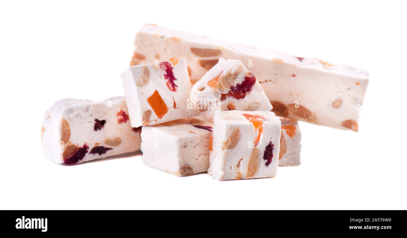 Nut nougat with dried fruit, sweet candy isolated on white background ...