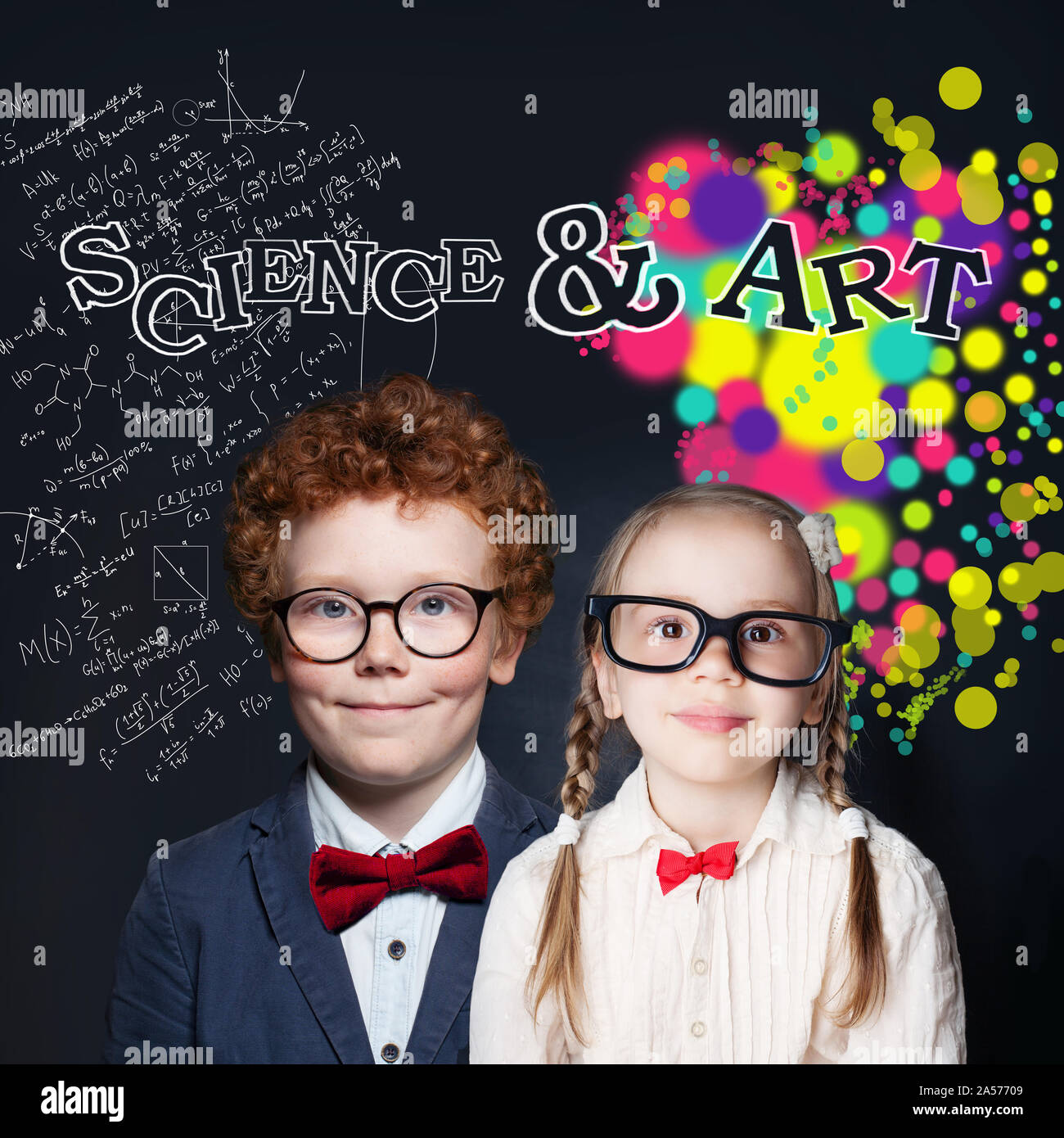 Pretty smiling kids school boy and girl on blackboard background with ...
