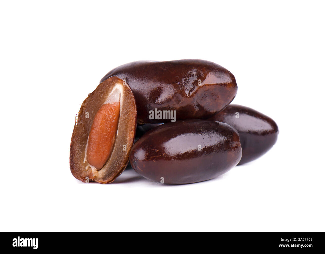 Dates fruit isolated on white background. Dates with a half. Close-up ...