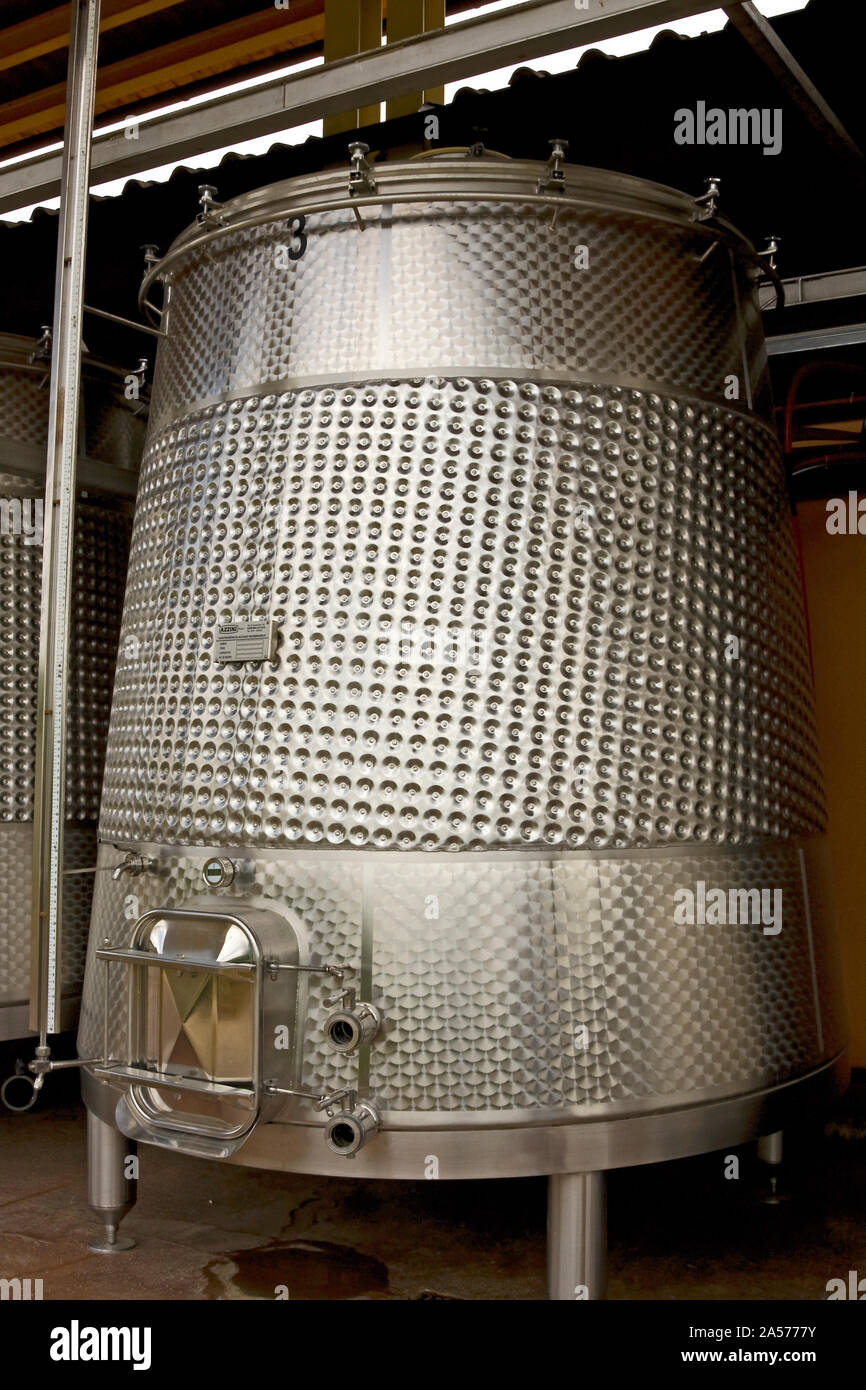 wine aging vat, metal tank; vineyard; beverage production; modern ...