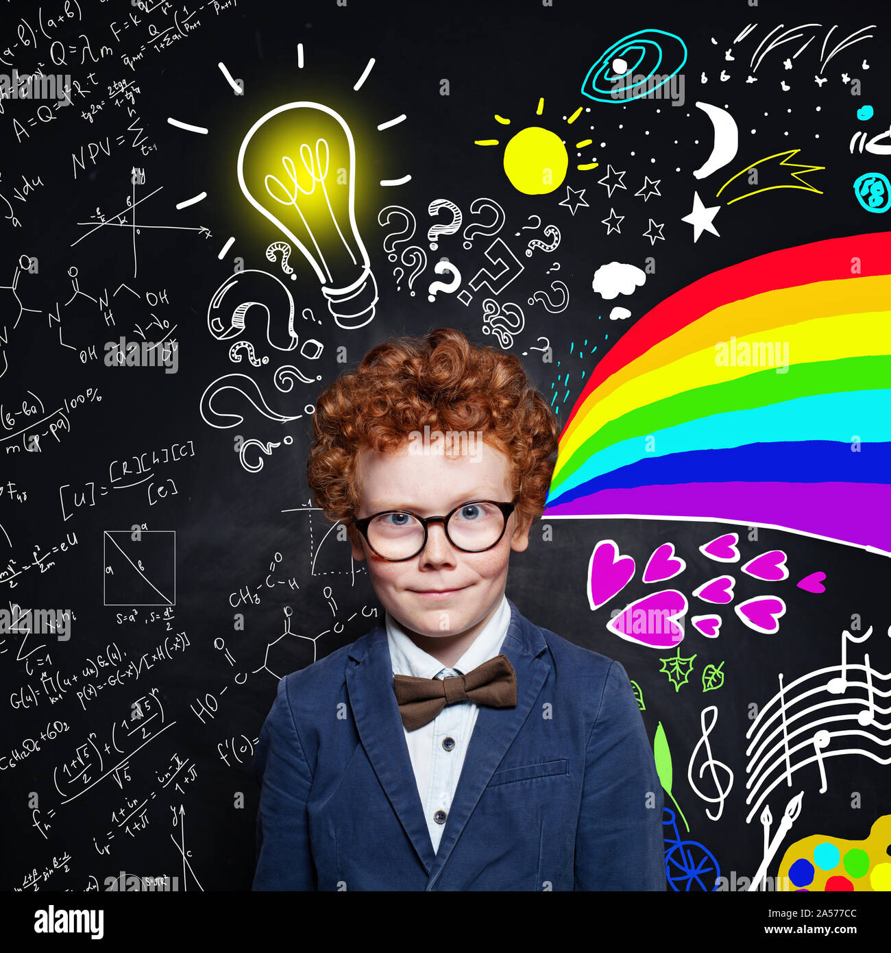 Handsome child boy with lightbulb on scetch background. Brainstorming ...