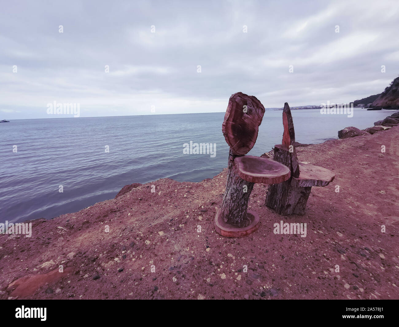 Sua, Ecuador, October 03, 2019: Tree trunk chairs in the town of Sua ...