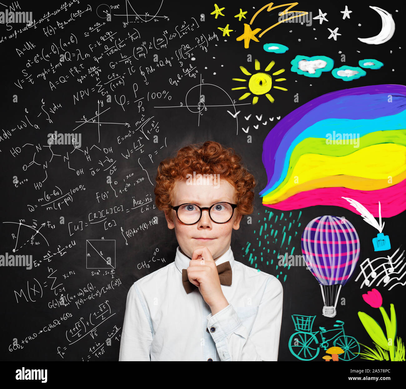 Thinking student boy on science and arts occupations background Stock ...