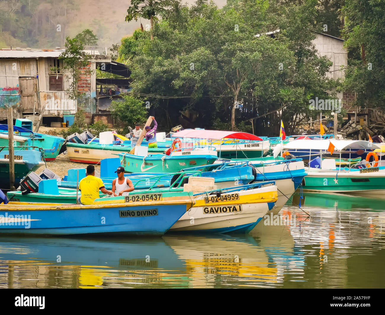 Sua, Ecuador, October 03, 2019: Fishing Boats in the river of the town ...