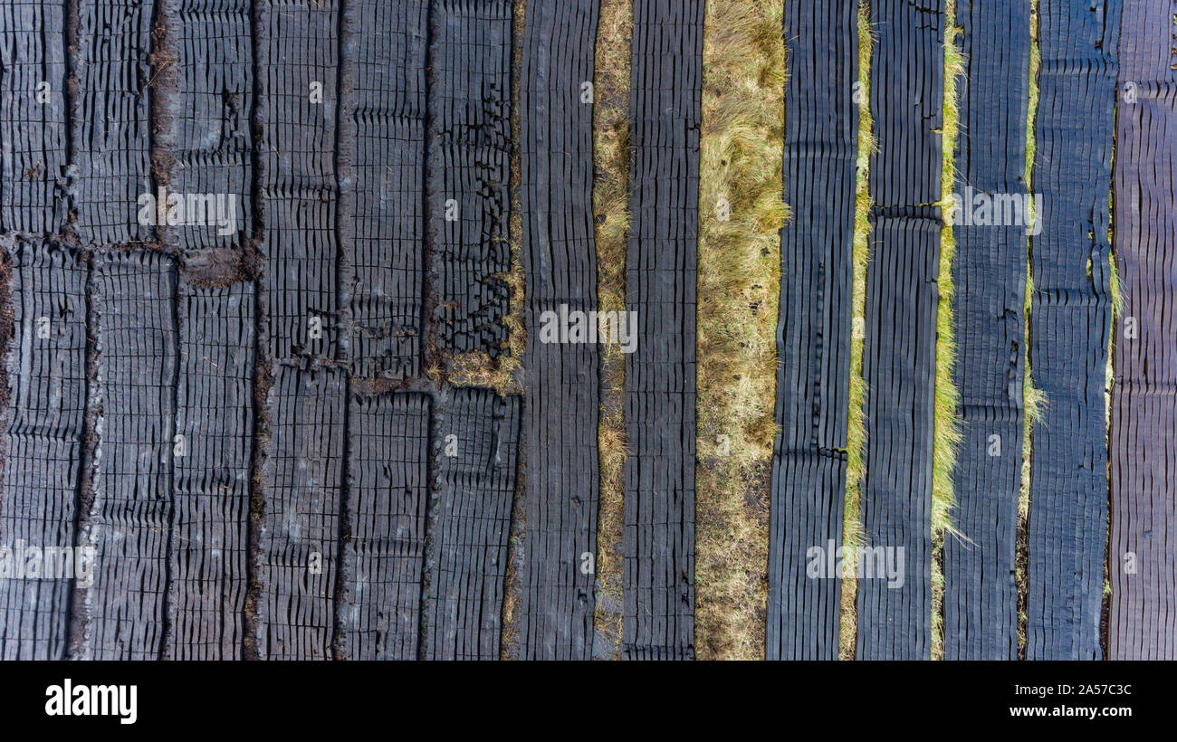 Aerial view of harvested peat bog Stock Photo - Alamy