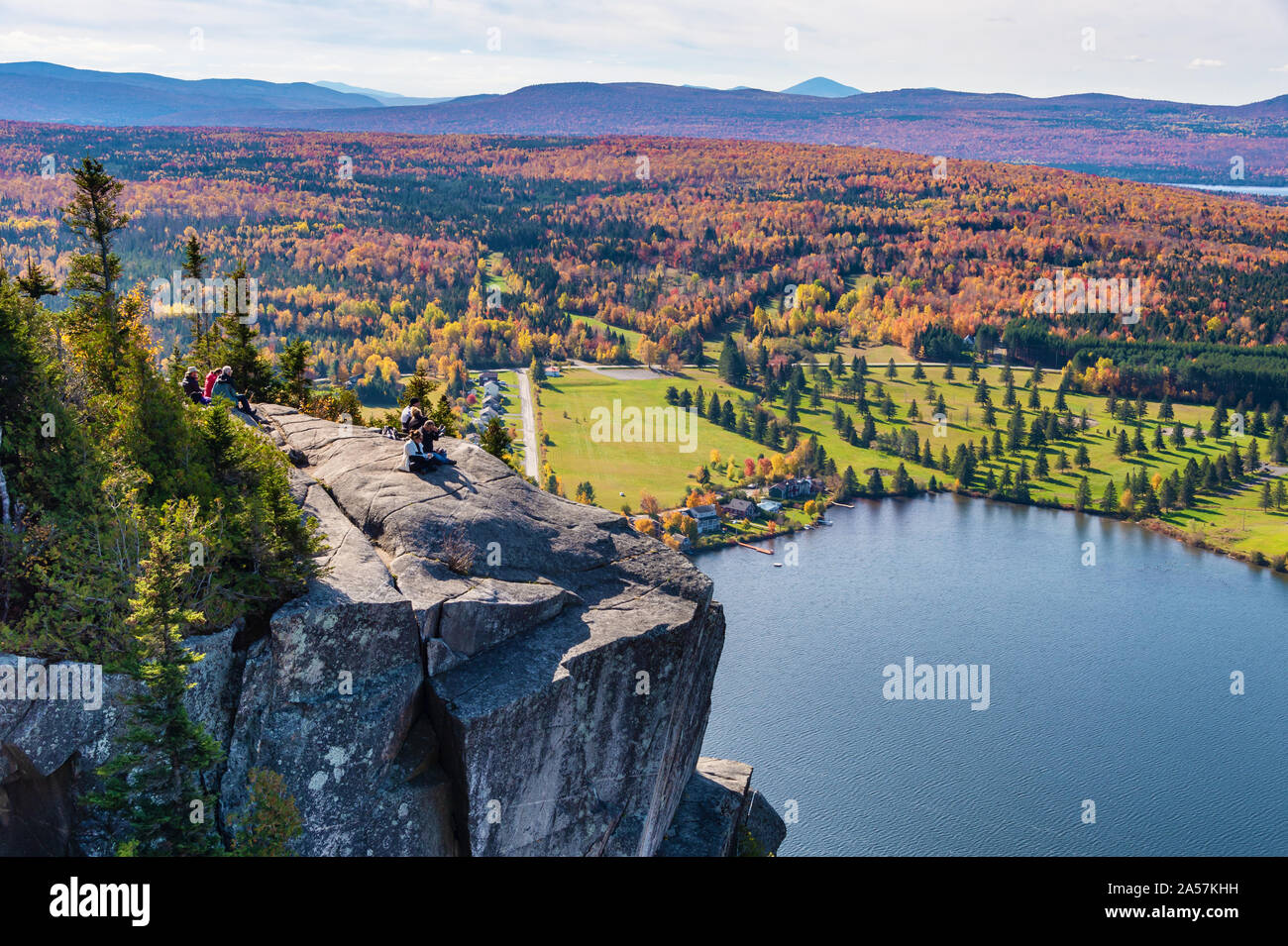 Coaticook, CA - 13 October 2019: View over Lyster Lake and the cliff ...