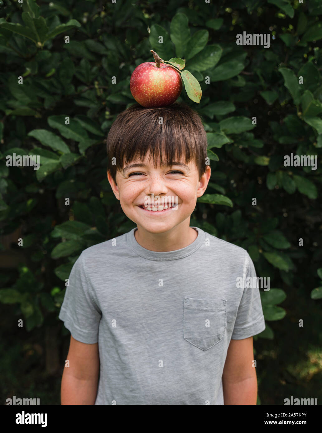 Apple balancing boy smiling hi-res stock photography and images - Alamy