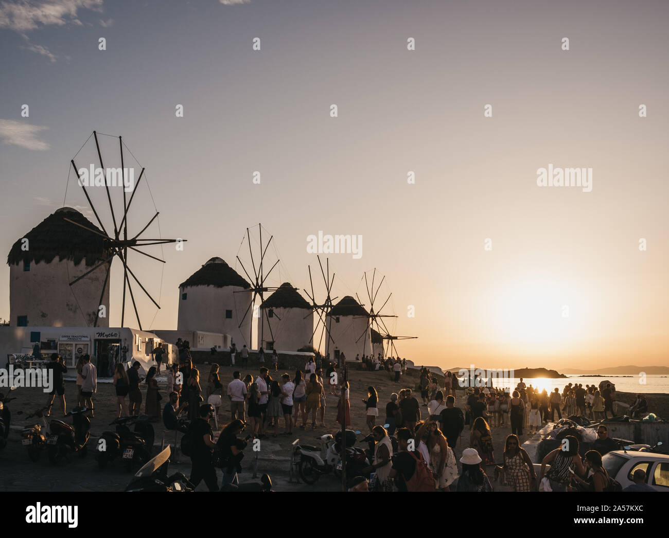 Mykonos, Greece - September 23, 2019: People watching sunset near ...