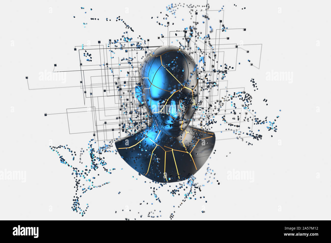Blue metal human head with particles, 3d rendering. Computer digital ...