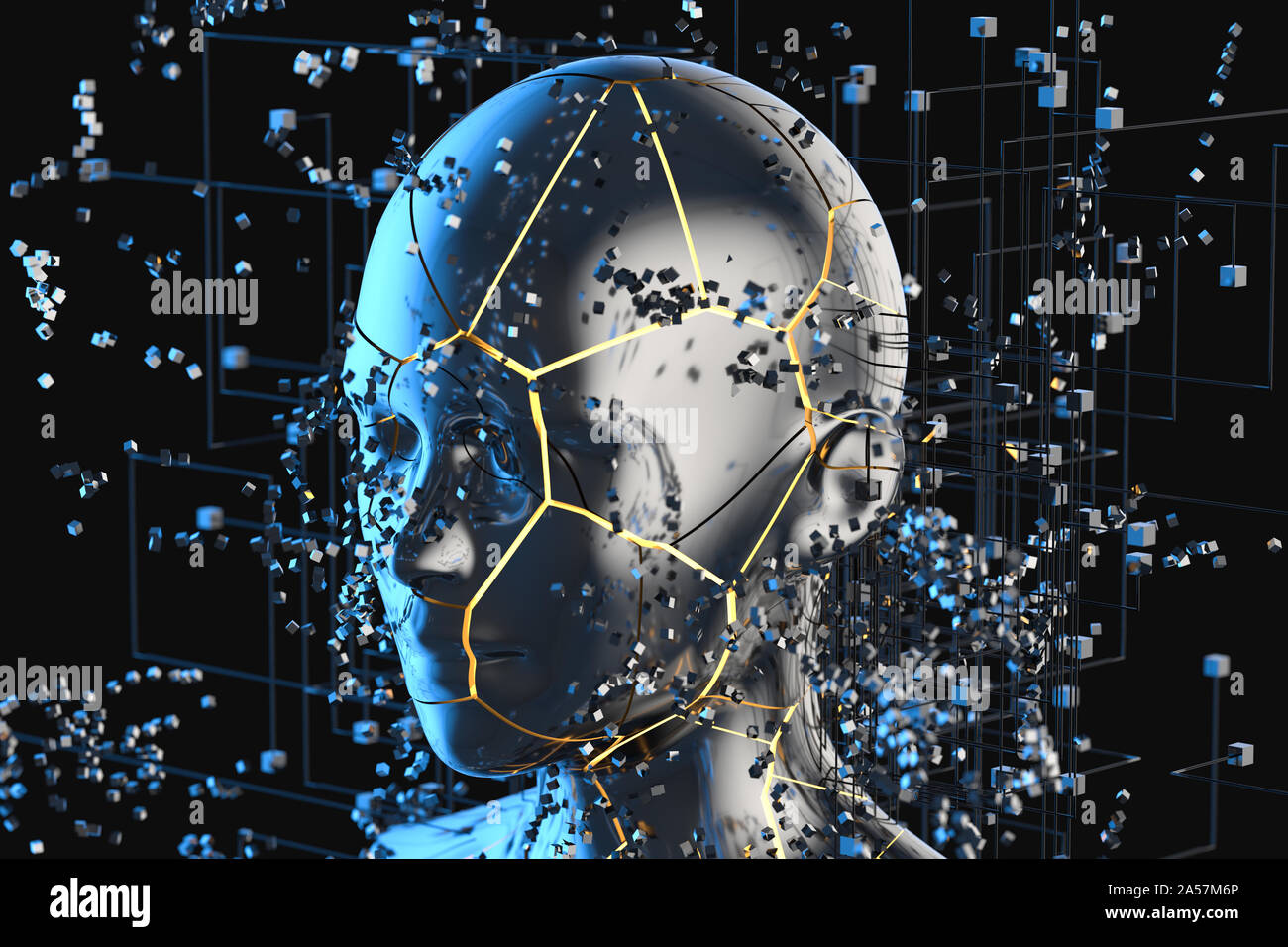 Blue metal human head with particles, 3d rendering. Computer digital ...