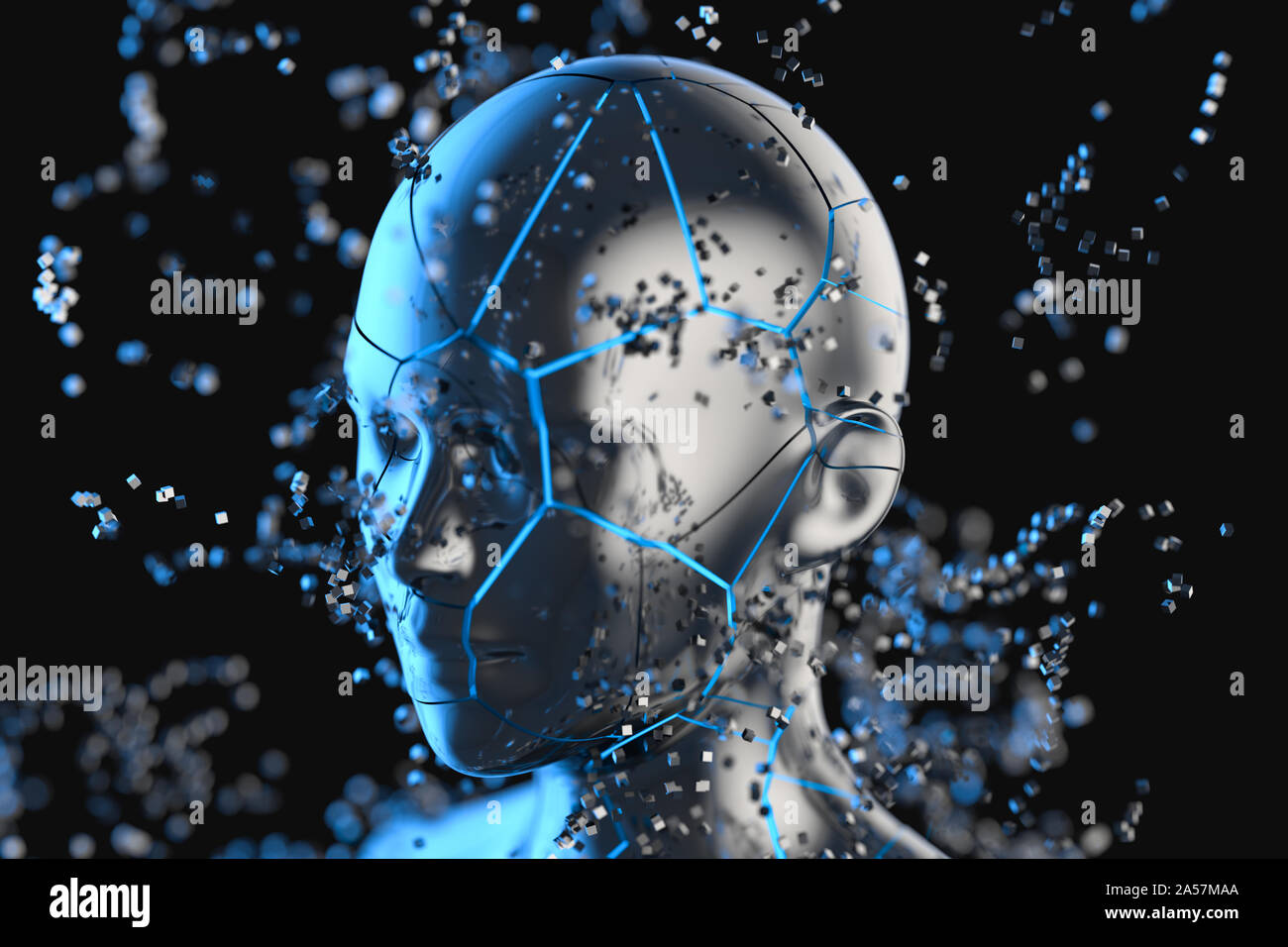 Blue metal human head with particles, 3d rendering. Computer digital ...