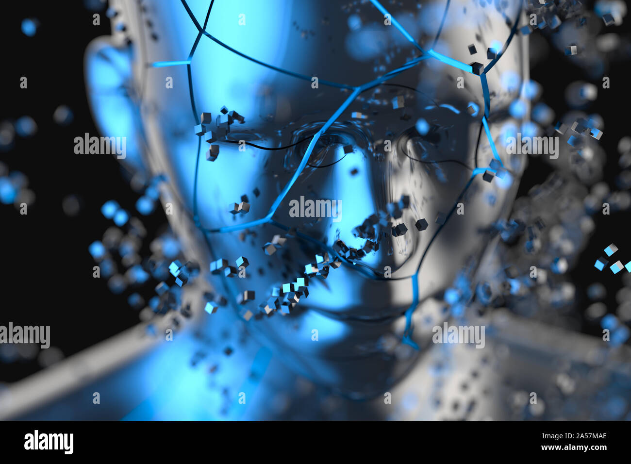 Blue metal human head with particles, 3d rendering. Computer digital ...