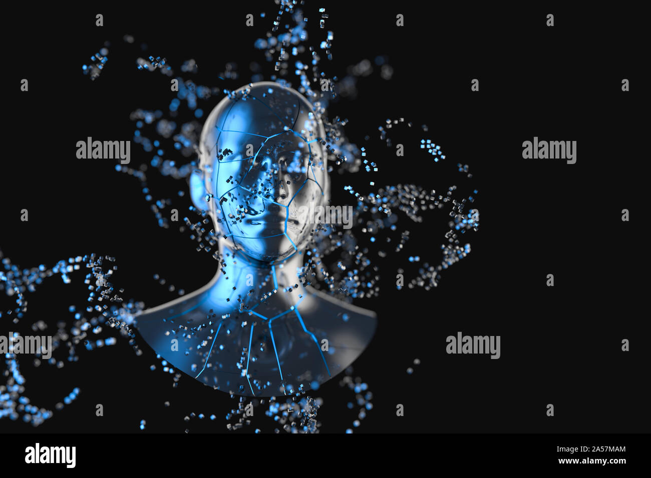 Blue metal human head with particles, 3d rendering. Computer digital ...