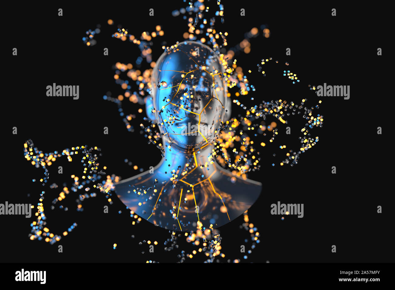 Blue metal human head with particles, 3d rendering. Computer digital ...