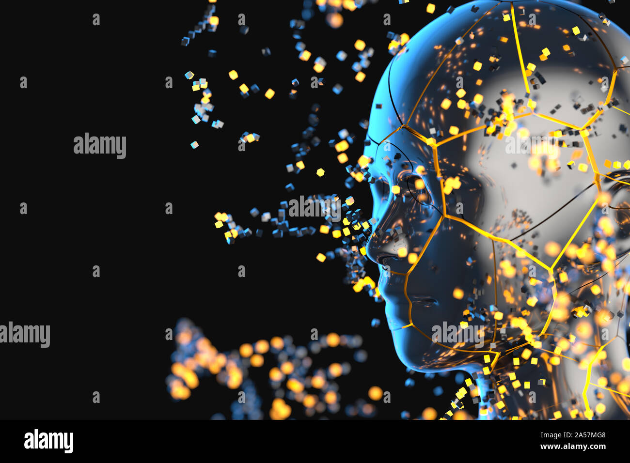 Blue metal human head with particles, 3d rendering. Computer digital ...