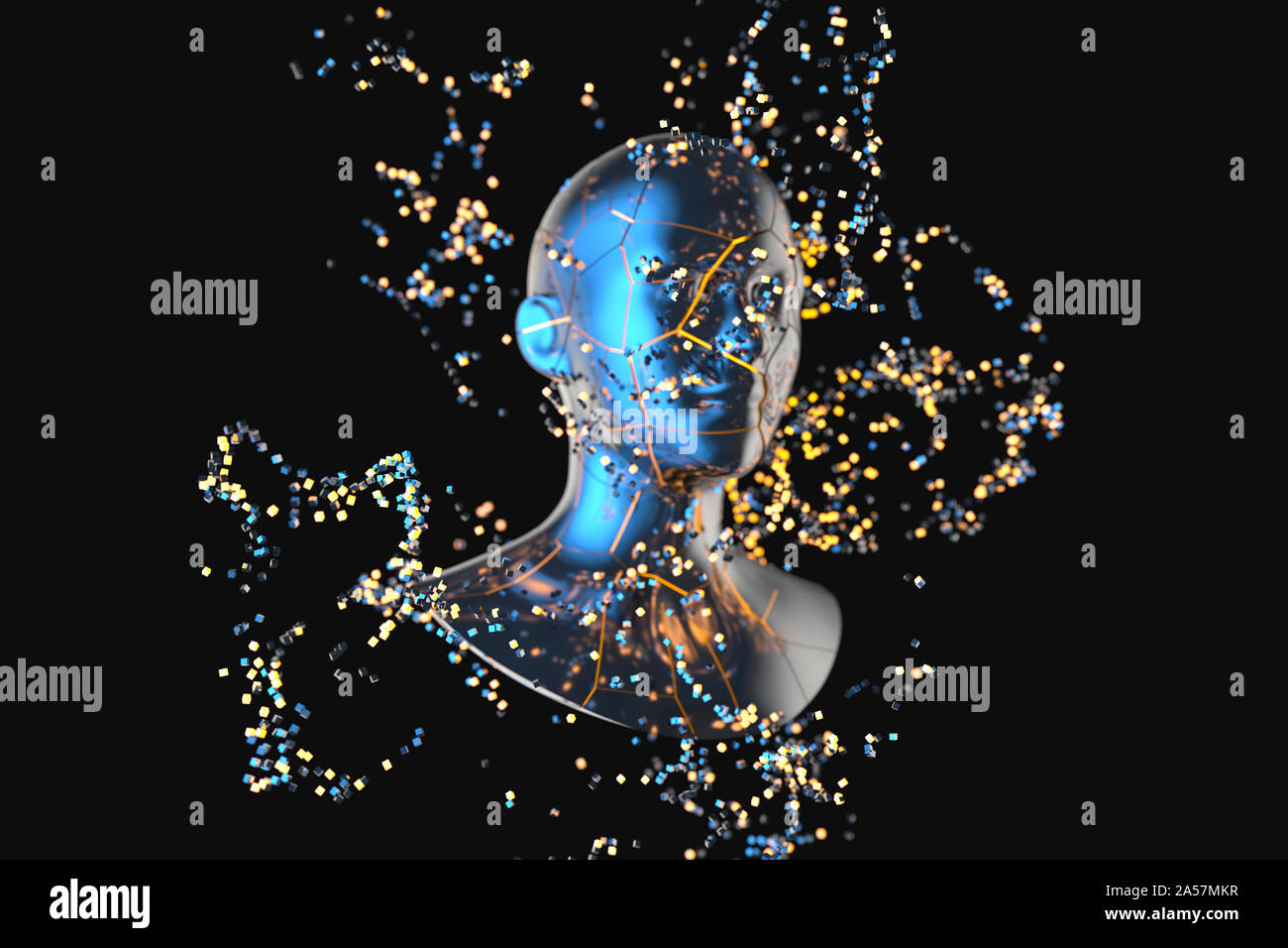 Blue metal human head with particles, 3d rendering. Computer digital ...