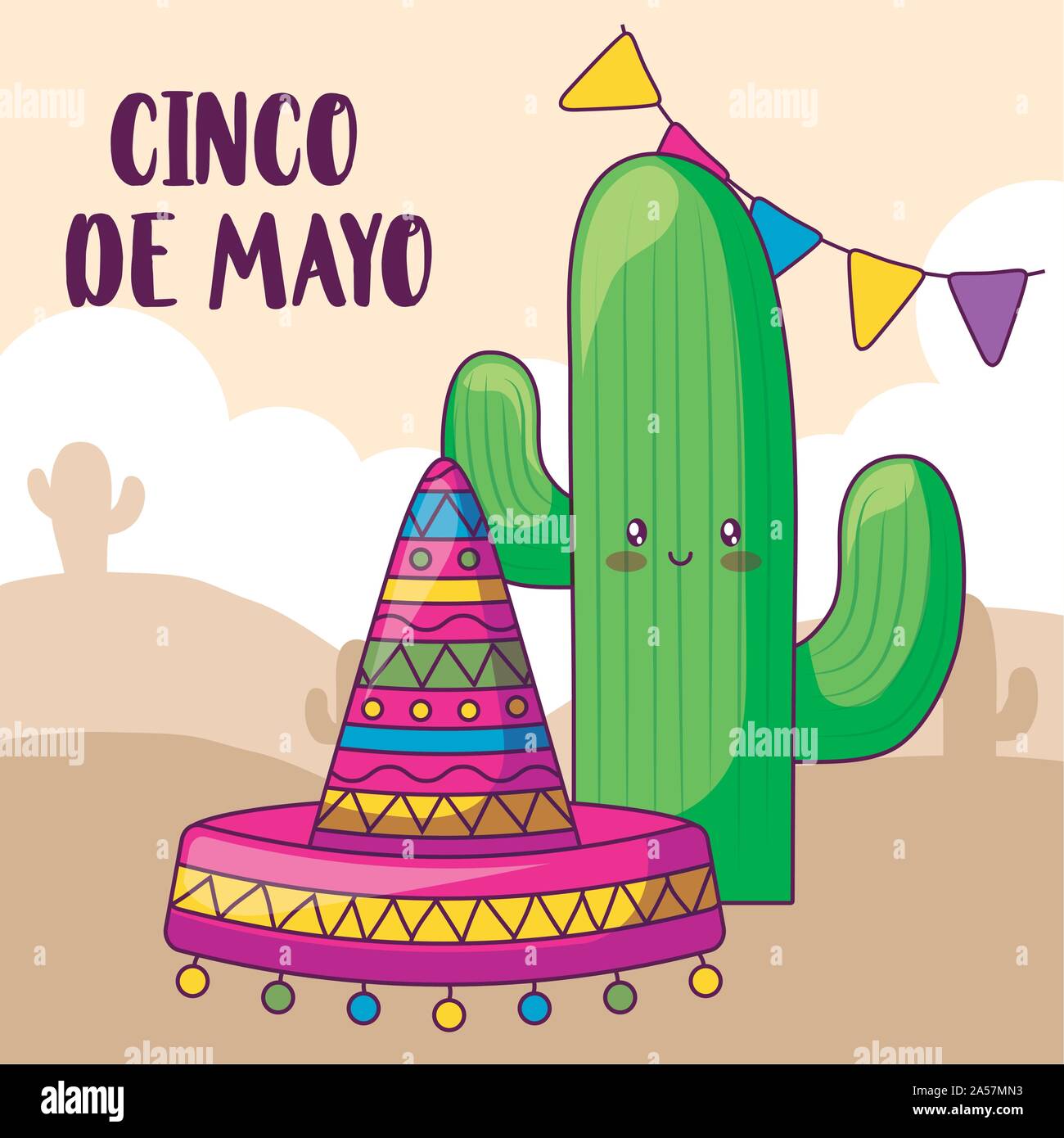 cinco de mayo label with cactus and mexican hat vector illustration ...