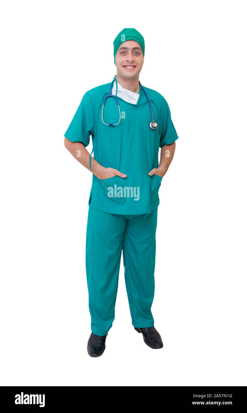 Portrait of a male surgeon - Isolated on white background - Smiling ...