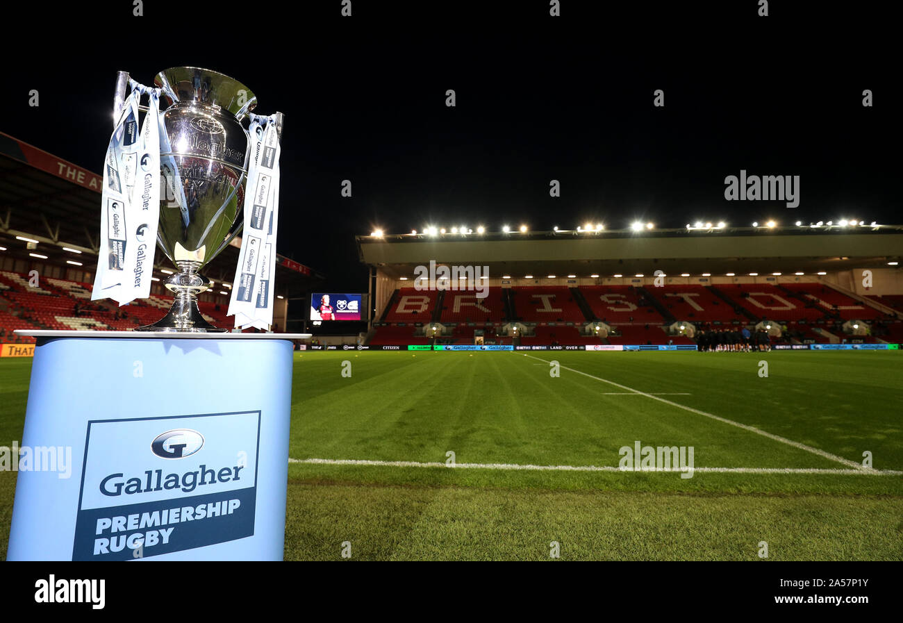 The Gallagher Premiership trophy on display at Ashton Gate, Bristol ...