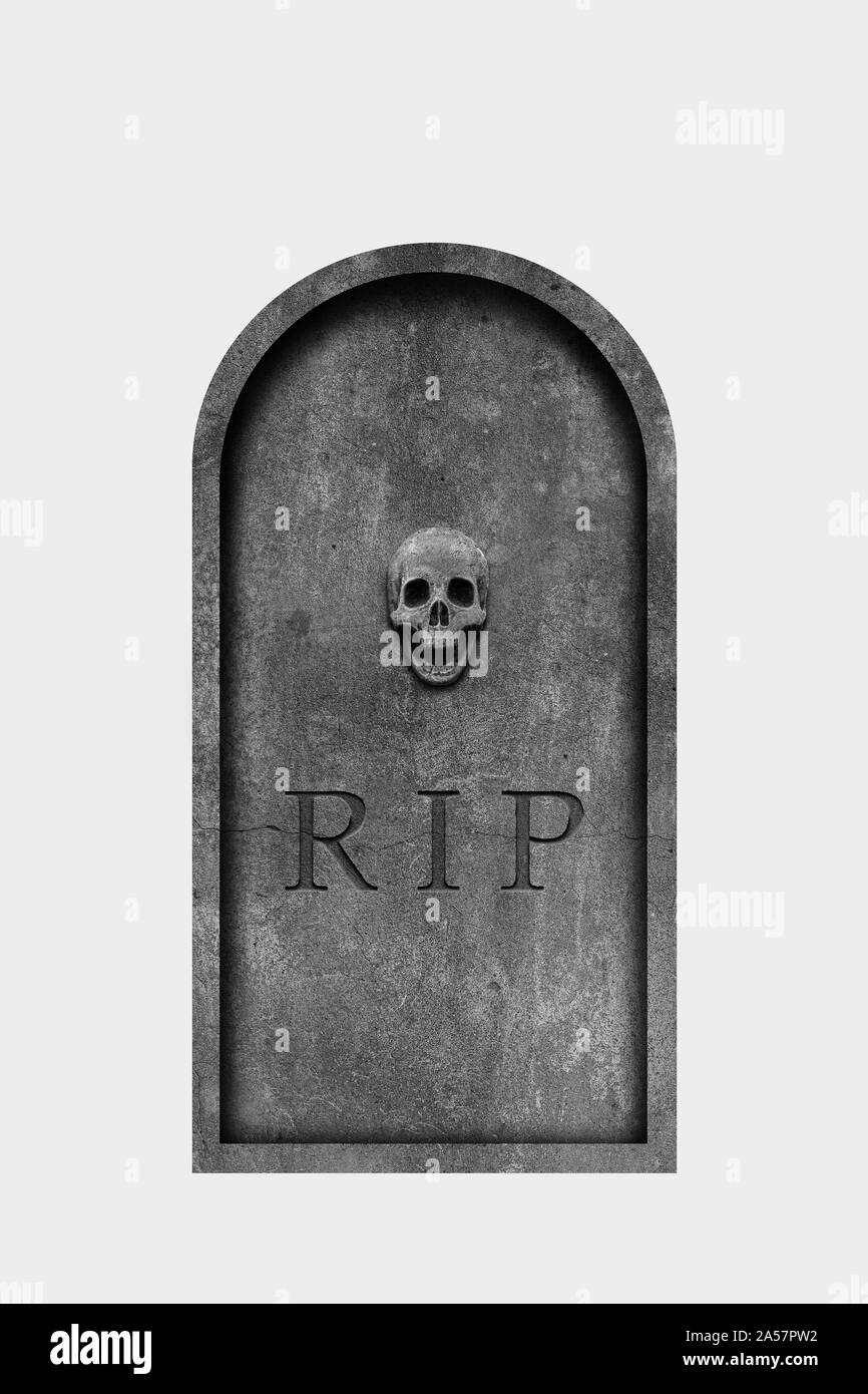 Decorated, oval granite tombstone on white background with engraved R.I ...
