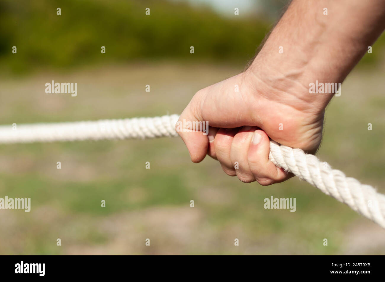 strong male hands firmly hold or pull the rope outdoor Stock Photo - Alamy