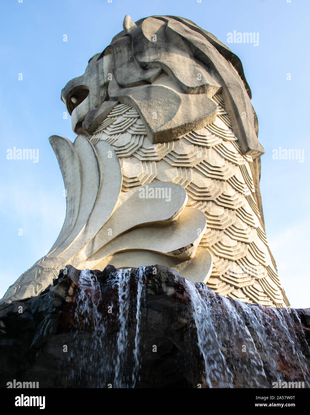 Golden hour view of tallest merlion in Singapore, located in Sentosa ...