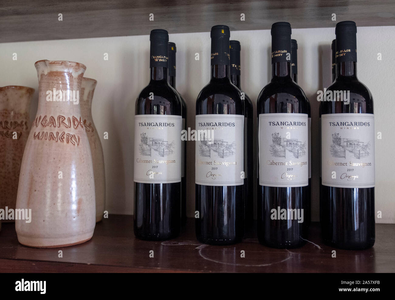 Bottles of tsangarides organic cabernet sauvignon on display at the ...