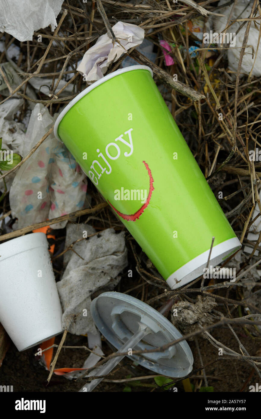 Durban, South Africa, single use green disposable drinking cup, plastic ...