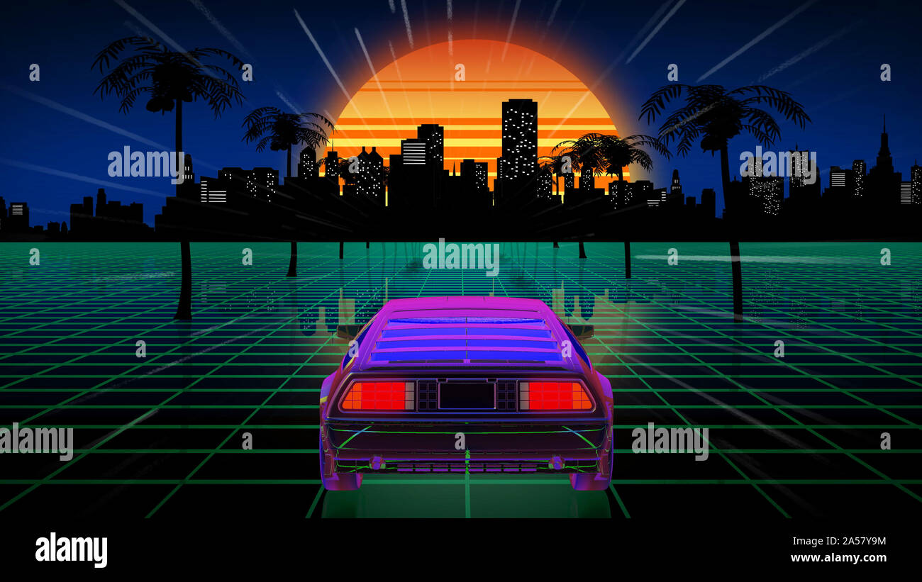 Bright retro futuristic world of computer space in the style of science ...